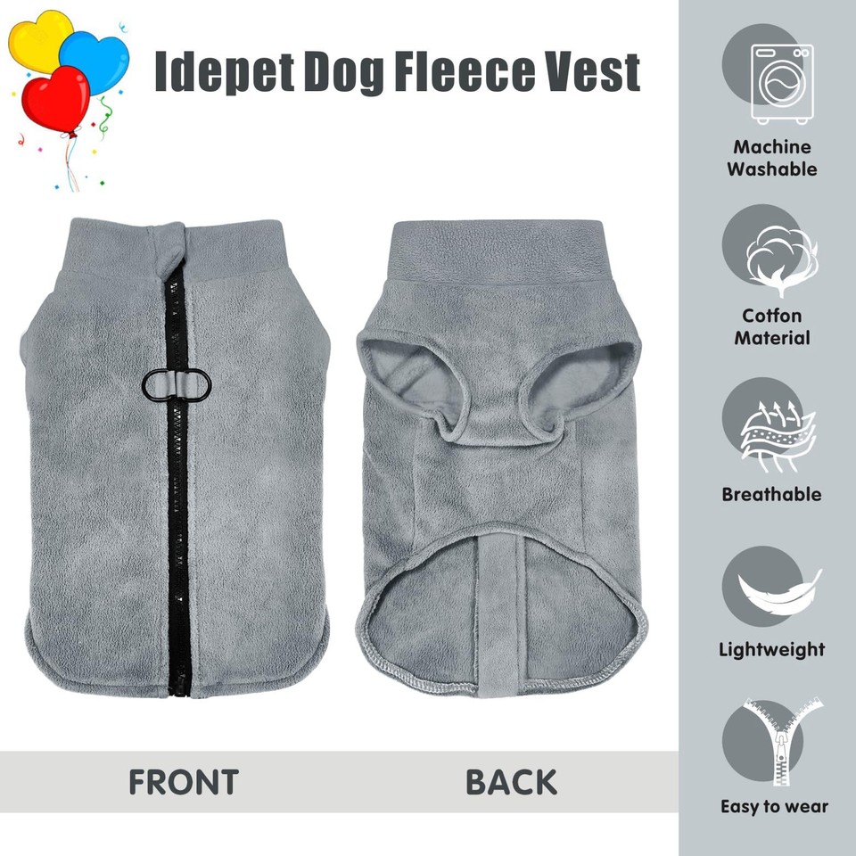 Idepet Dog Fleece Vest Sweater Zip Up Warm Pullover Dogs Jacket with D ...