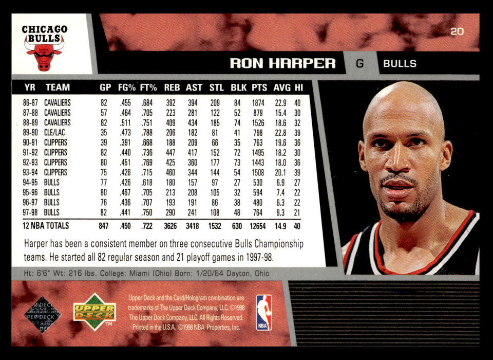 1998-99 Upper Deck Ron Harper #20 Chicago Bulls NBA Basketball | eBay