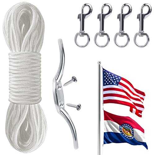Flag Rope and Clips Kit - Flag Pole Rope Halyard with Cleat Hook & 4 ...