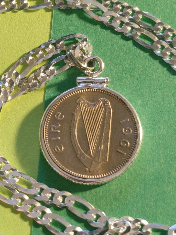 1961 IRELAND LUCKY RABBIT COIN & 22" 925 STERLING SILVER Chain & Coin ...