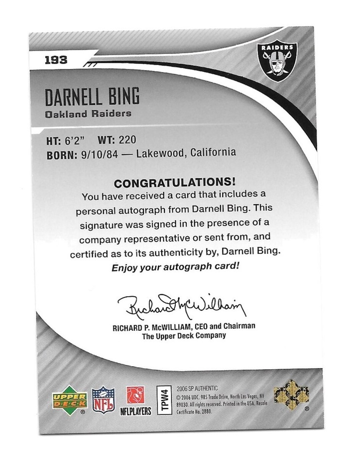Darnell Bing 2006 Upper Deck SP Football Rookie Autograph 0266/1175 ...