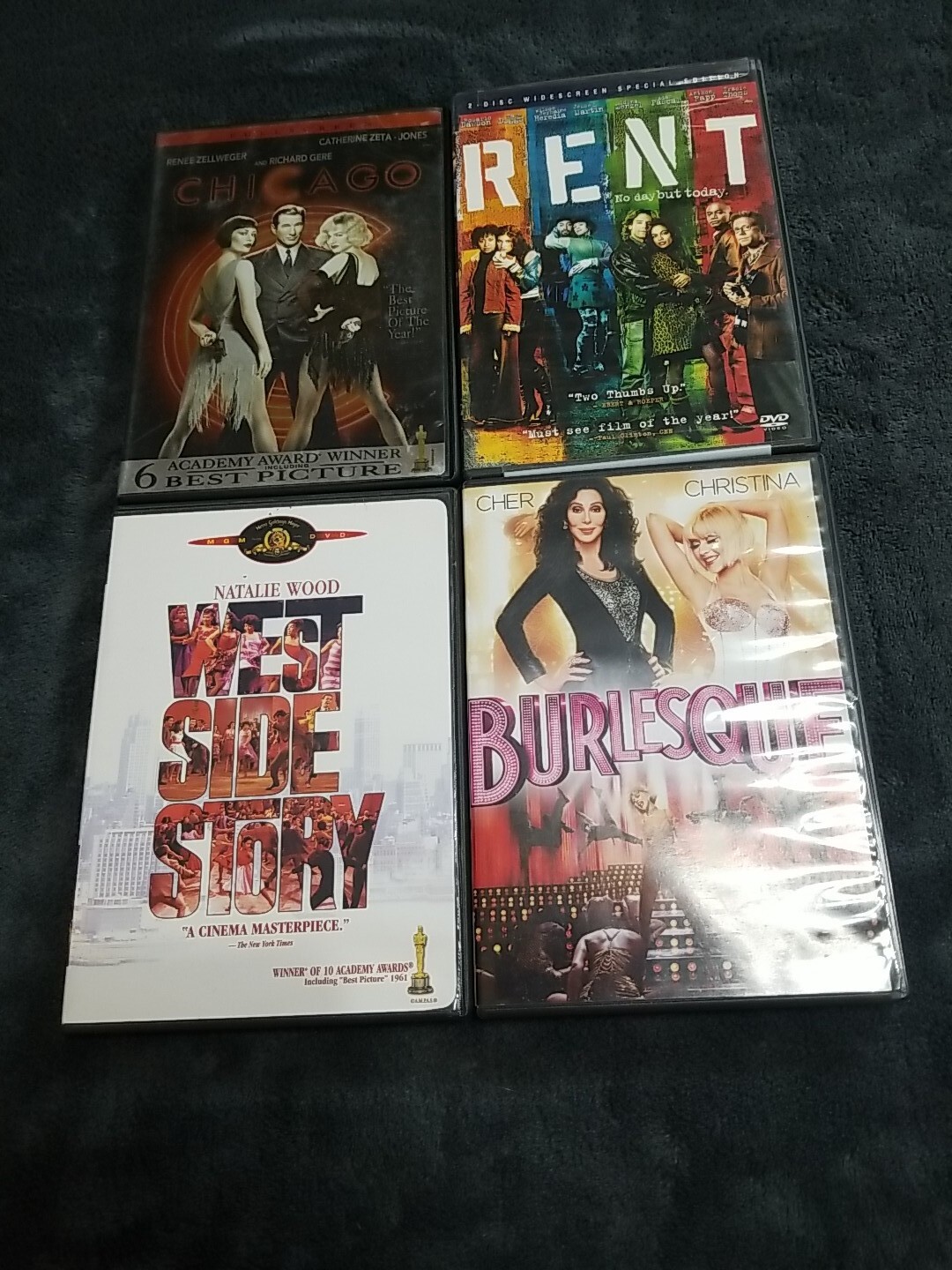 4 Broadway Musical DVDs Rent Burlesque Chicago West Side Story ...
