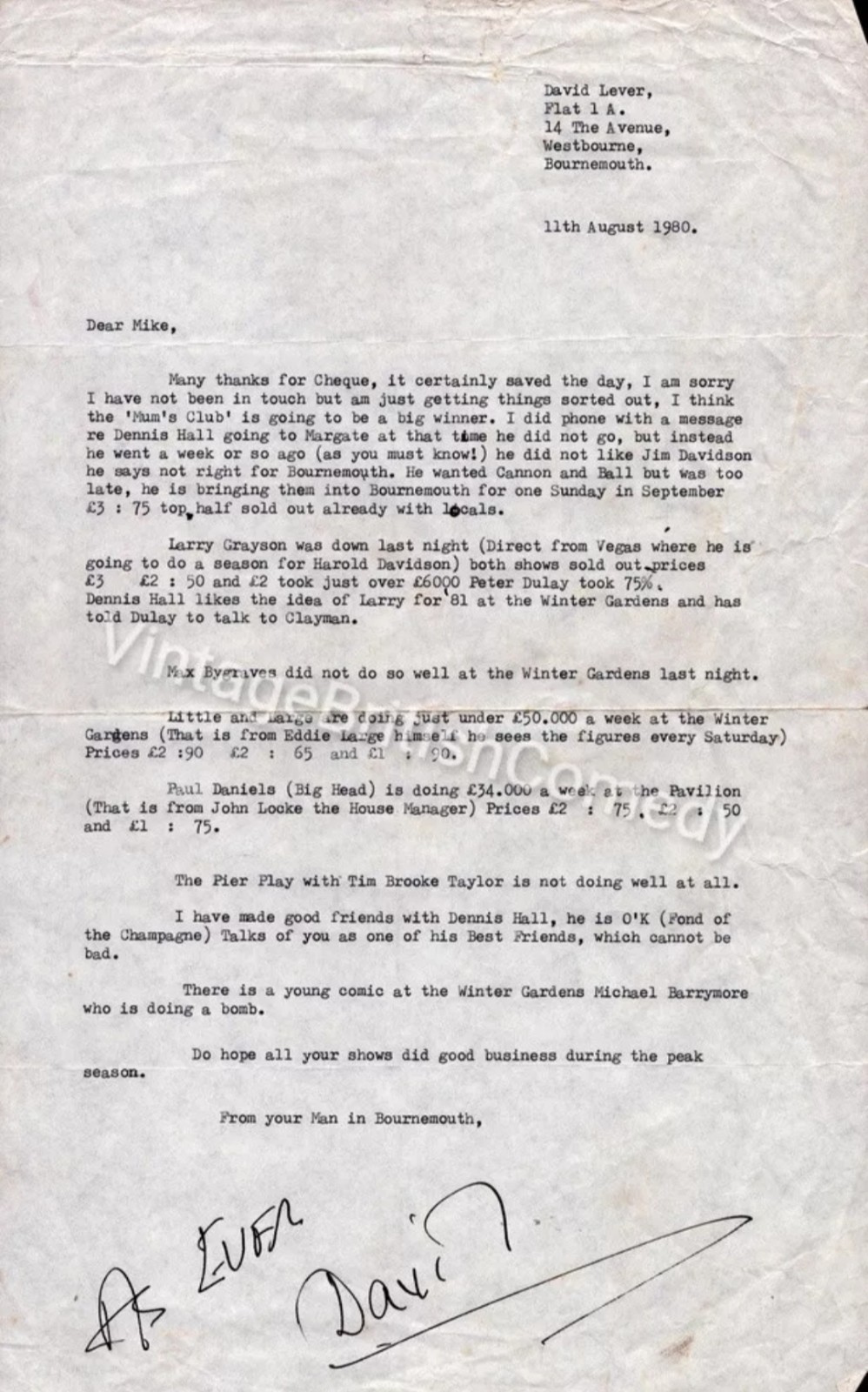 RARE Signed Letter - Bournemouth Summer Season 1980 Larry Grayson, Paul ...