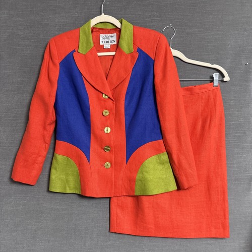 Vintage Teri Jon Skirt Suit Set 8 Orange Blue Green Colorblock Linen ...