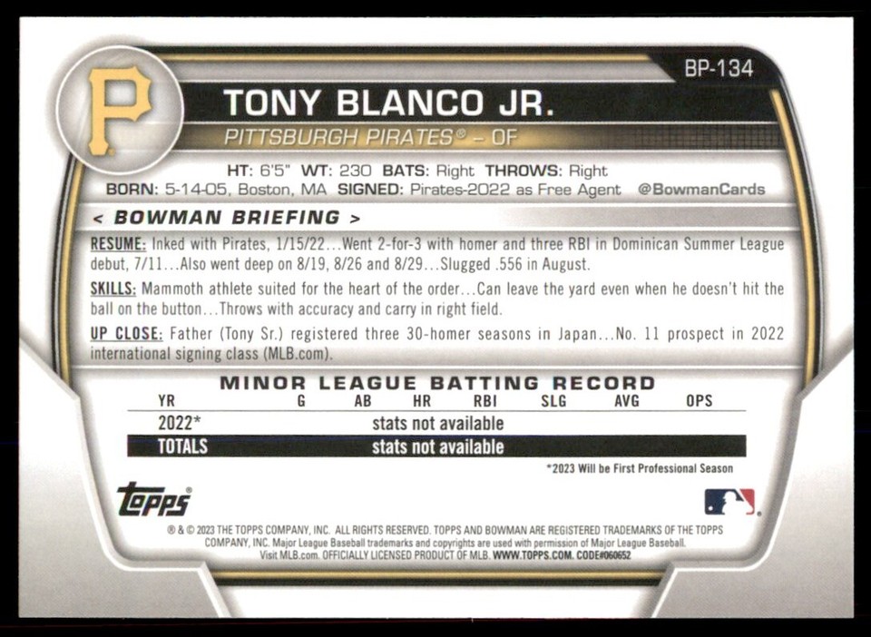 Tony Blanco Jr. 2023 Bowman Prospects Rookie | 1st Card RC #BP-134 ...