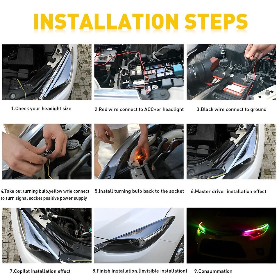 2pcs RGB 60CM LED DRL Light Car Strip Headlight Light Turn Signal ...