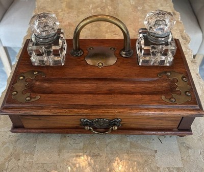 Antique Oak Inkstand w Large Cut Crystal Ink Well Bottles | eBay