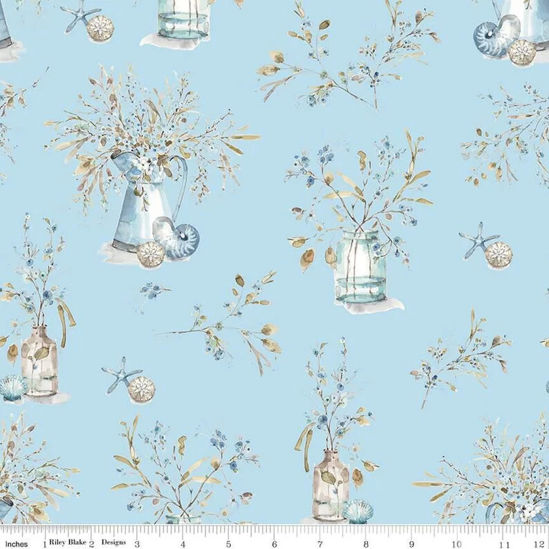 $9 Per Yard BLUE ESCAPE COASTAL Main Sky Blue Quilt Fabric Riley Blake ...