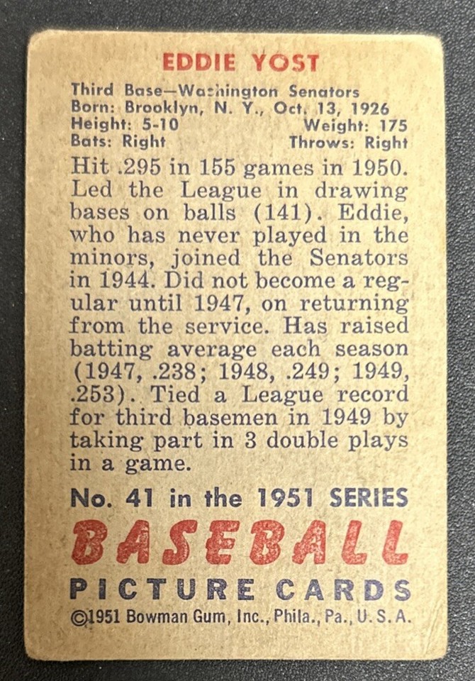 1951 Bowman Eddie Yost Baseball Card #41 Senators 3B Poor Creased O/C ...