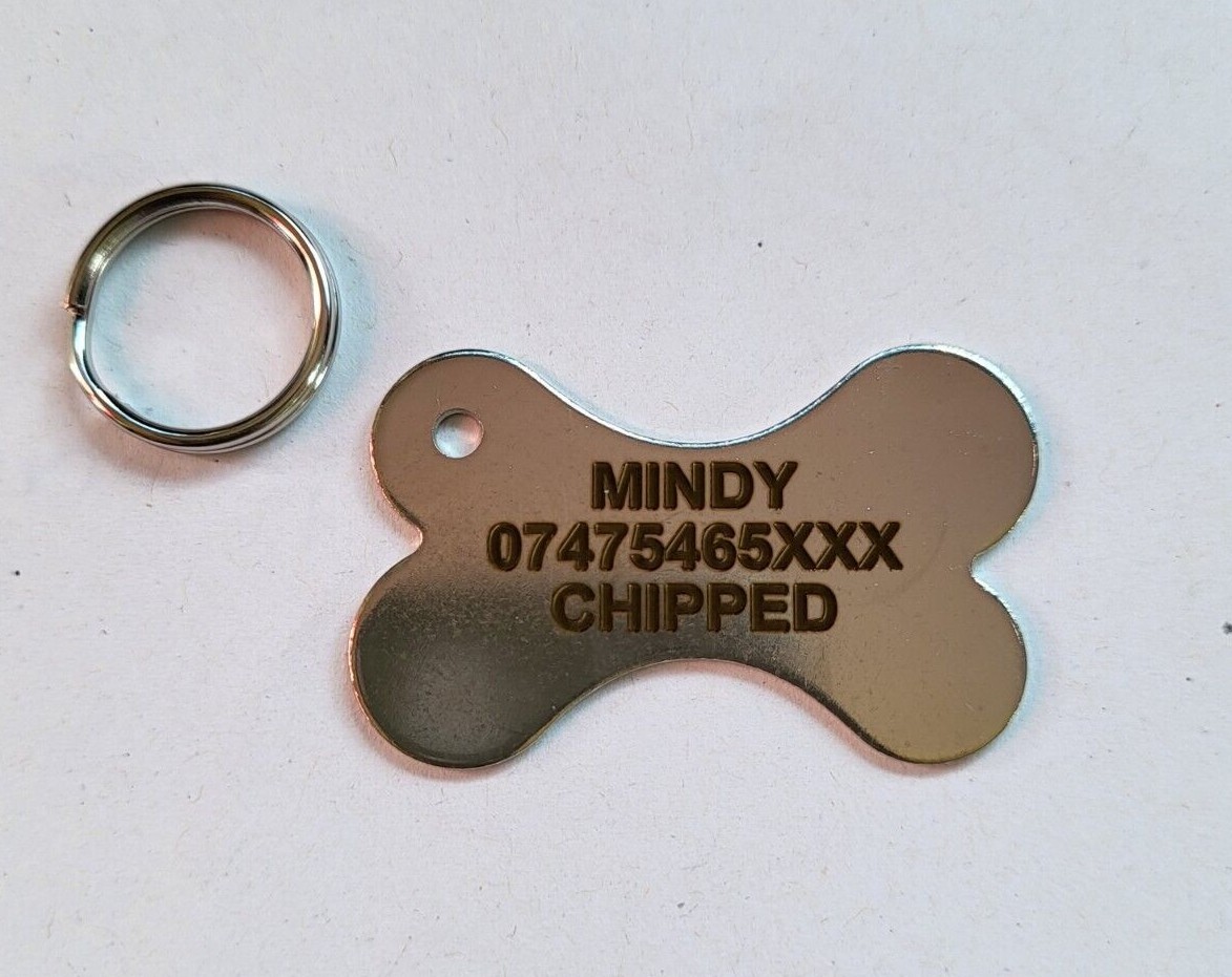 DOG NAME TAG BONE SHAPED PET TAG ID TAG NICKEL + SPLIT RING | eBay