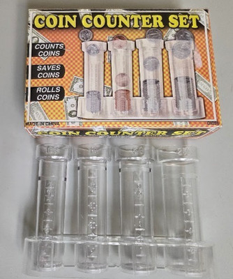 Vintage NIB Coin Counter Set, Clear Acrylic Coin Roller Sorter Tubes w ...