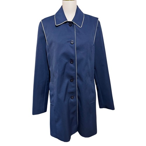 Vintage Navy Blue White Piping Overcoat Trench Coat Womens Size Medium ...