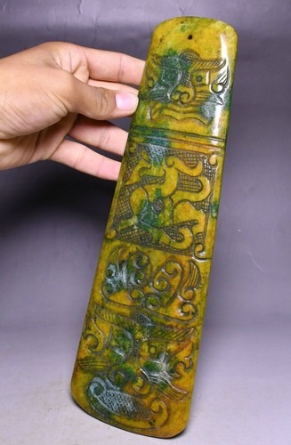 11" Chinese Natural Green Jade Carve Dragon Pixiu Beast Head YuBi Yu Bi ...