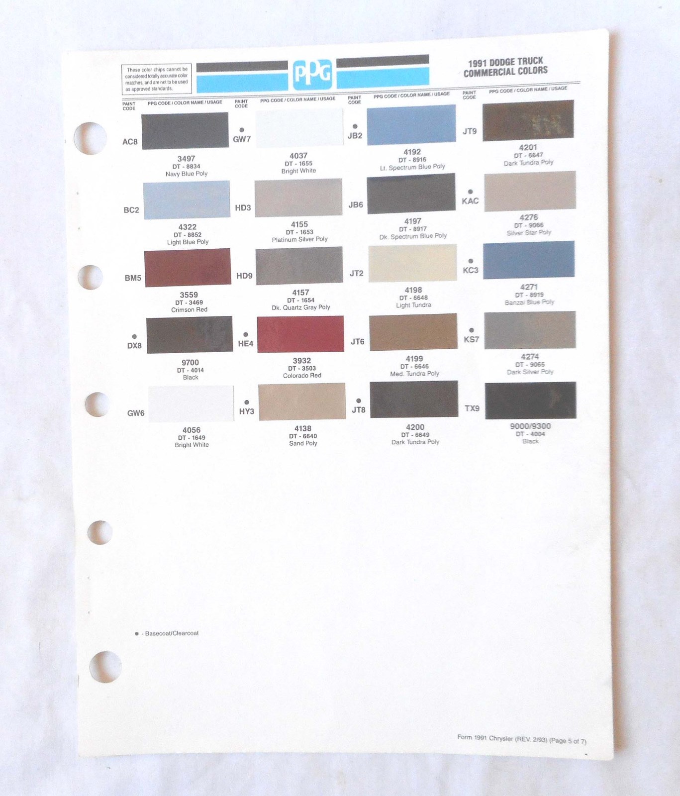 1991 DODGE TRUCK AND JEEP PPG COLOR PAINT CHIP CHART ORIGINAL MOPAR | eBay