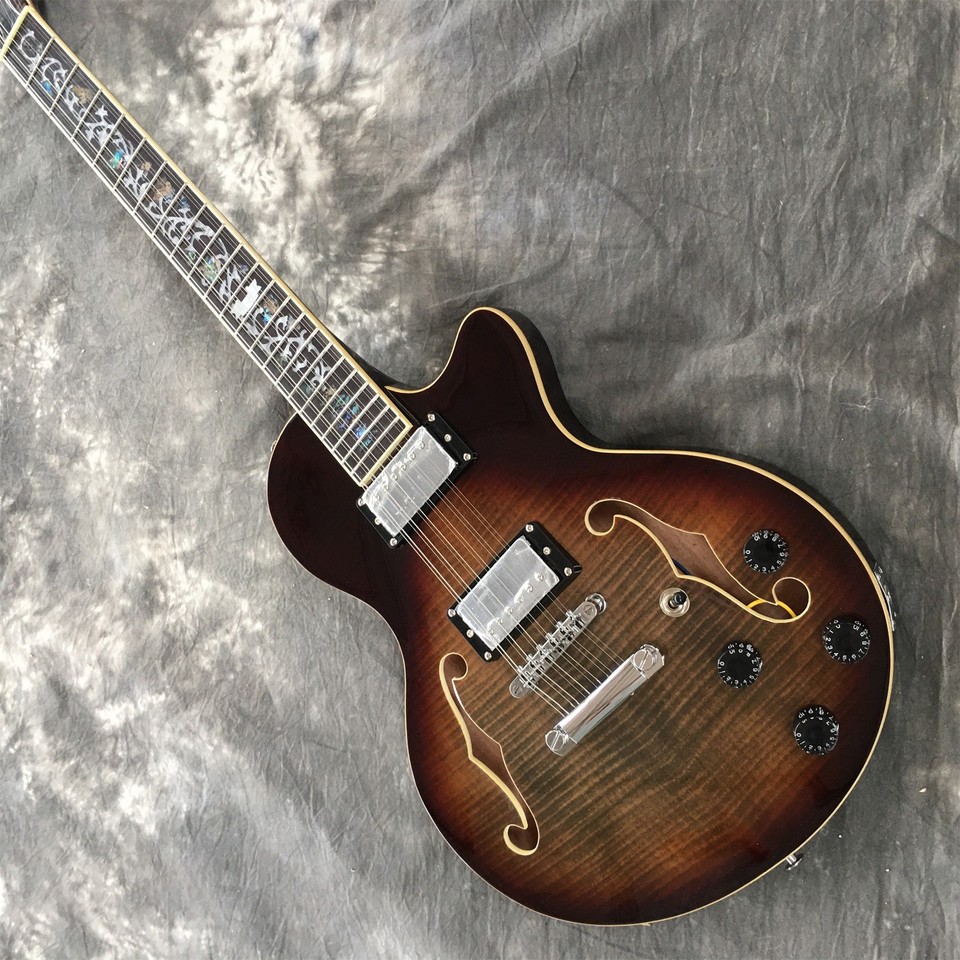 12 String Semi Hollow Body Brown Electric Guitar Flower Inlay Mahogany ...