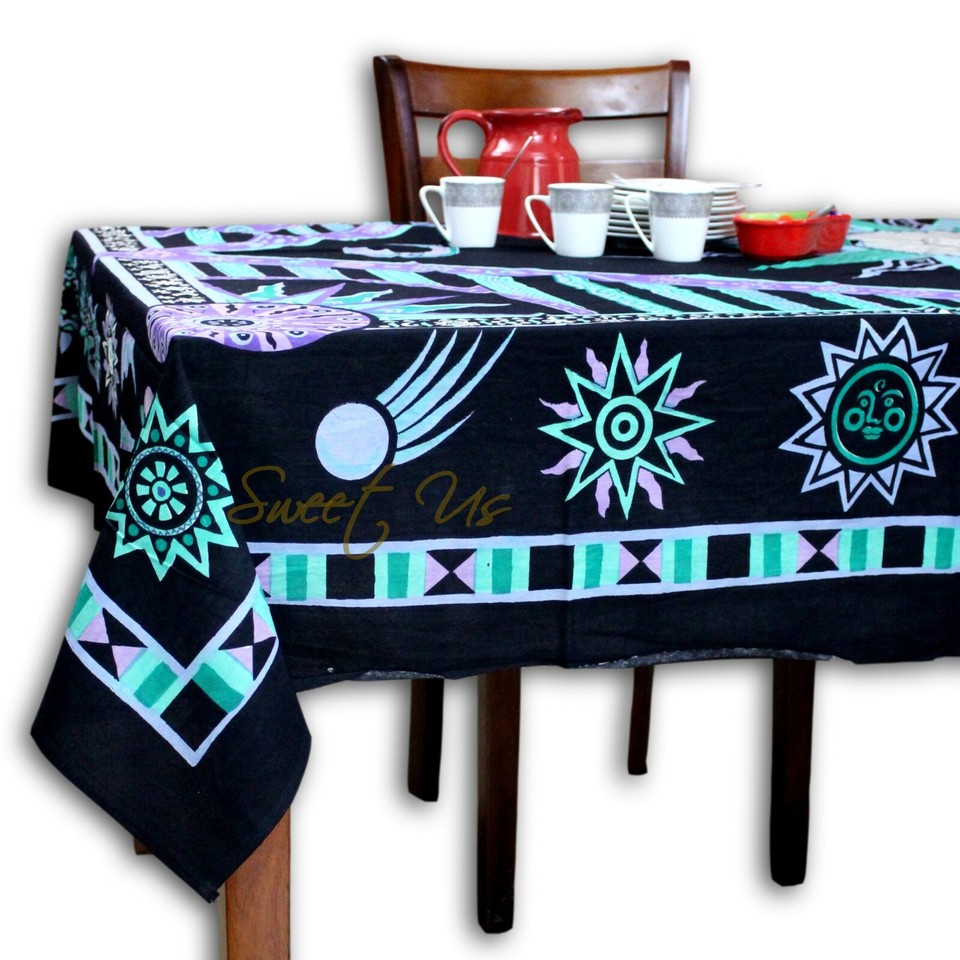 Cotton Celestial Sun Moon Star Tablecloth Rectangle Black Purple Green ...