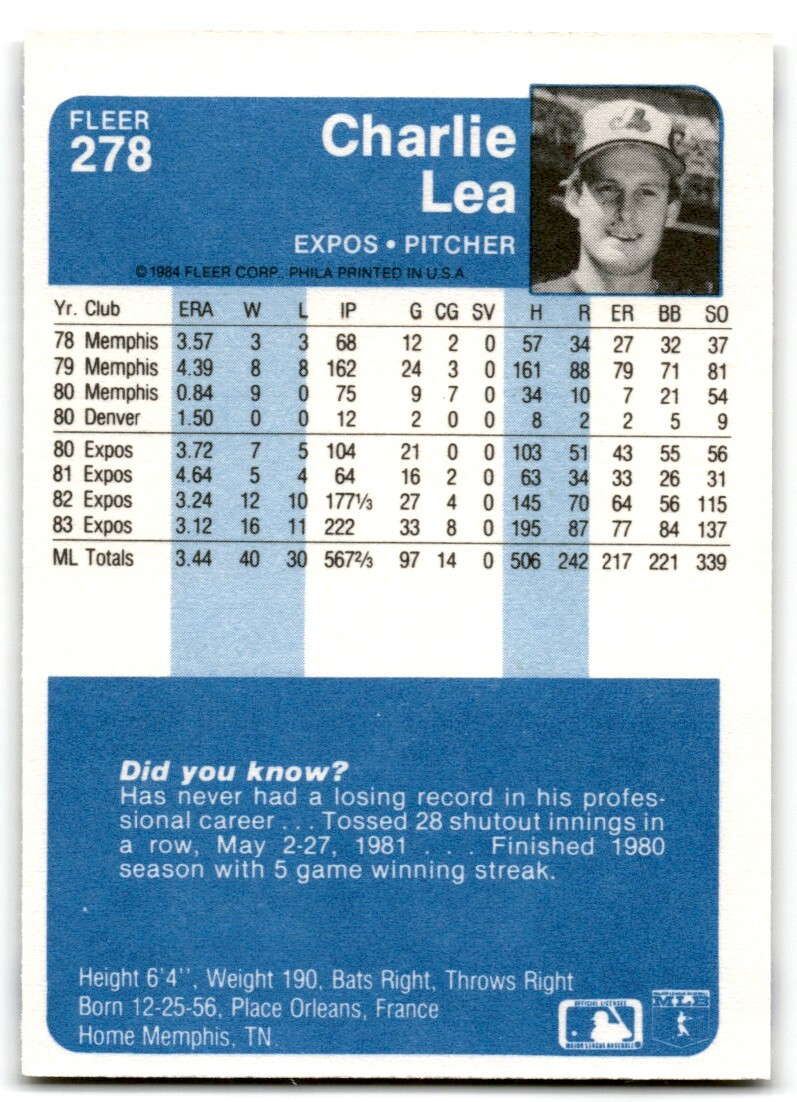 1984 Fleer Charlie Lea Montreal Expos #278 | eBay
