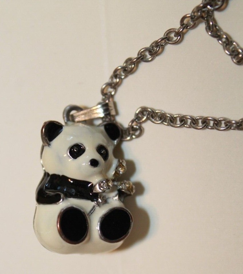 Panda Bear 3D Pendant Necklace Cute Crystal Flower Bouquet Silver Tone ...