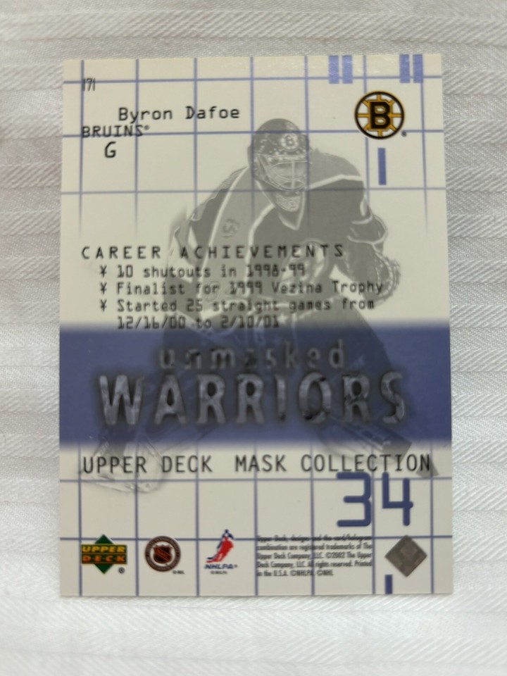2002 UD Mask Collection Unmasked Warrior Byron Dafoe #171 Boston Bruins ...