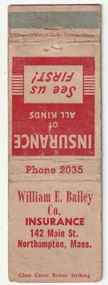 MATCHBOOK COVER - BAILEY INSURANCE - NORTHHAMPTON MASSACHUSETTS - PHONE ...