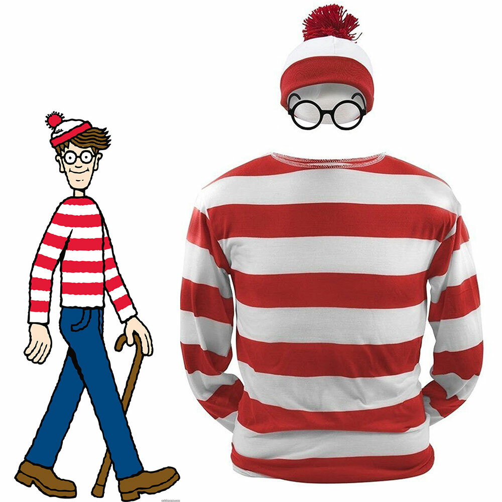 Where's Waldo? Cosplay Costume Red and White Striped Shirt Hat+Glasses ...