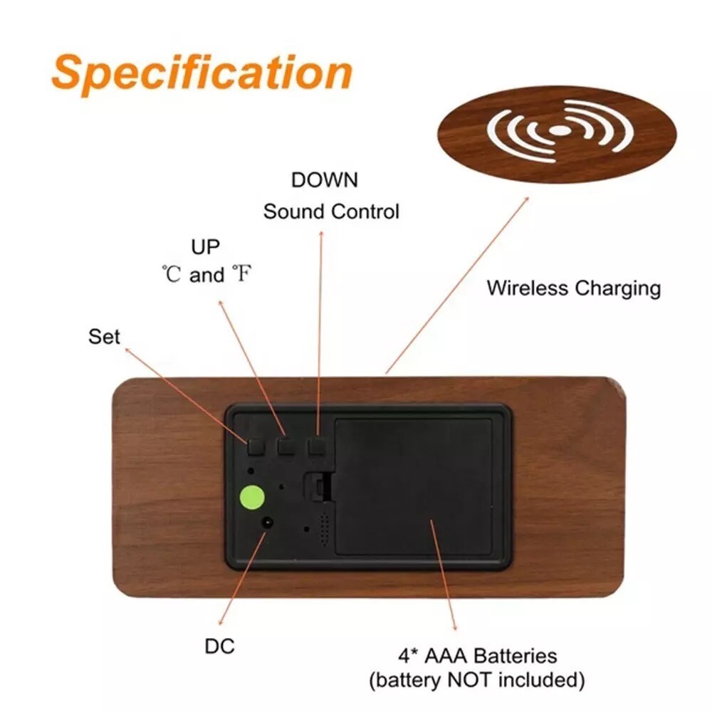 LED Wooden Digital Bedside Alarm Clock Qi Wireless Charging USB Battery ...