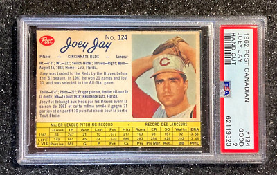 1962 Post Canadian Joey Jay Hand Cut #124 Baseball Cincinnati Reds PSA ...