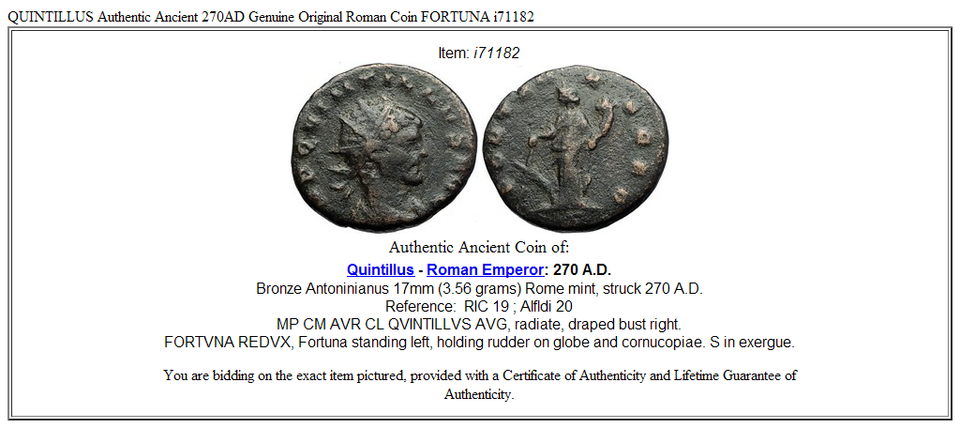 QUINTILLUS Authentic Ancient 270AD Genuine Original Roman Coin FORTUNA ...