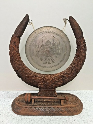 Vintage Indian Gong with Wood Base & Hammer Image of Taj Mahal on Gong ...