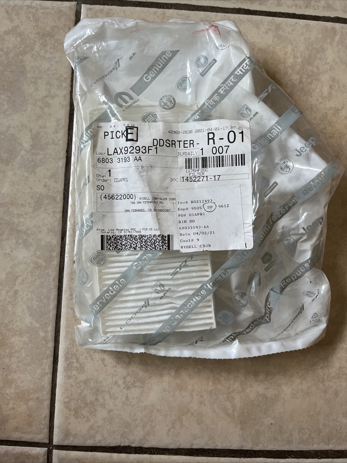 Cabin Air Filter-SXT, VIN: K Mopar 68033193AA for sale online | eBay