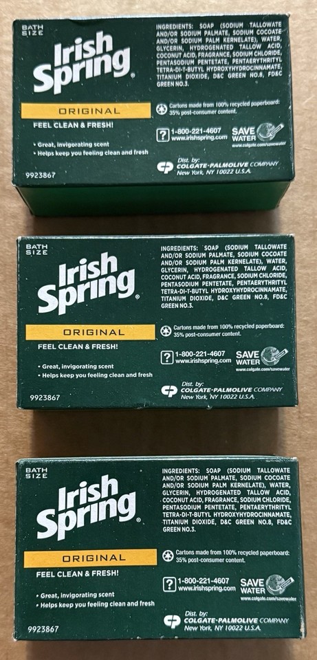 Lot Of 3 Irish Spring Original Deodorant Bar Soap 3.7oz New Old Stock ...