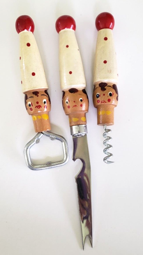 Vintage Japan Bar Set Wood Handle Painted Clown Chef Faces Hats | eBay