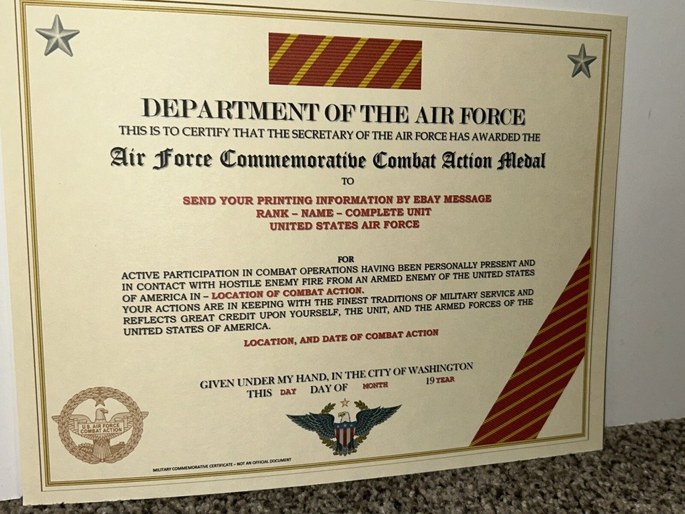 U.S. AIR FORCE COMBAT ACTION COMMEMORATIVE MEDAL CERTIFICATE ~ W ...