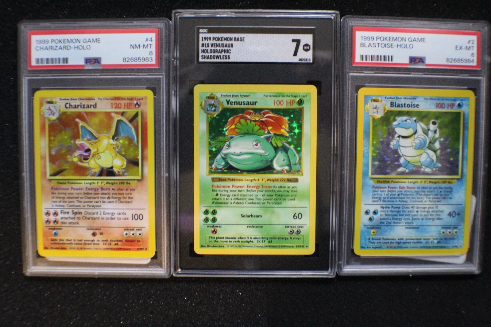 1999 BASE SET #4 CHARIZARD HOLO, #2 BLASTOISE HOLO, #15 VENUSAUR ...