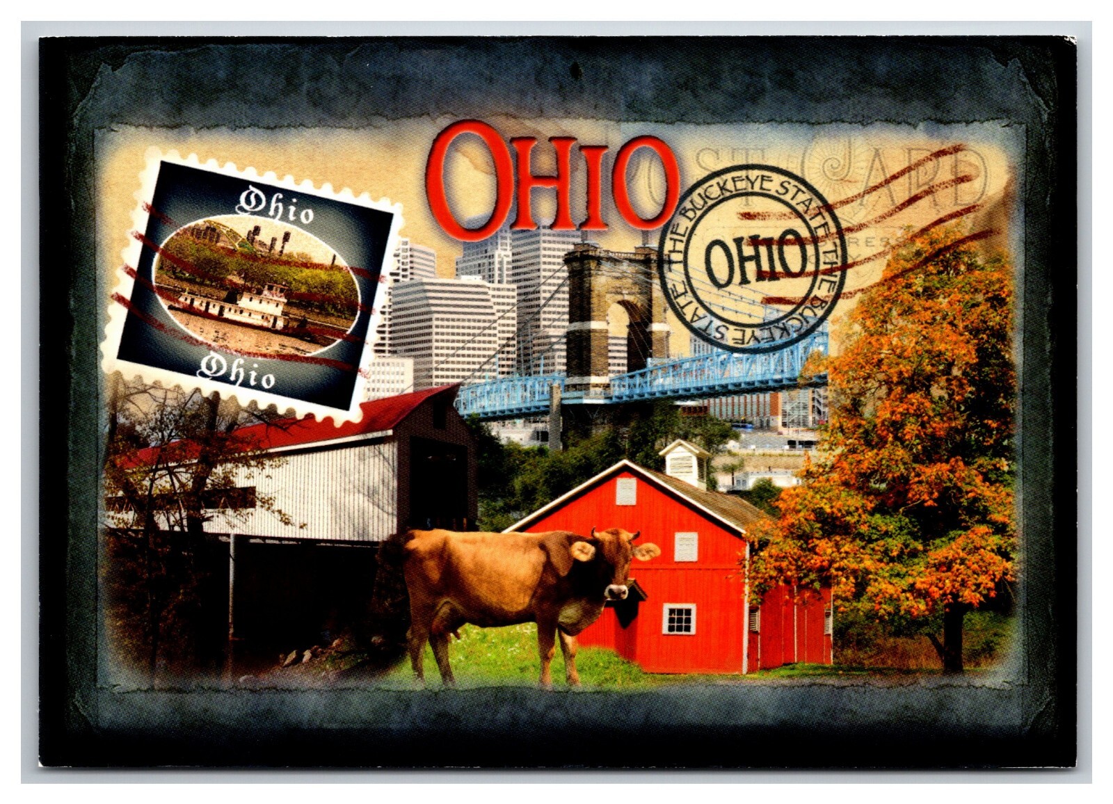 Ohio Buckeye State Barn Cow Skyline Bridge Multi View 5.9x4.2 Size UNP ...