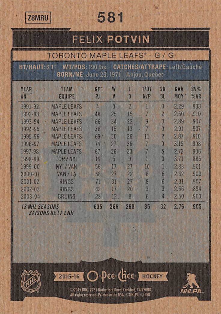 2015-16 O-Pee-Chee #581 Felix Potvin | eBay