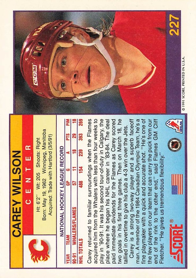 1991 Score American #227 Carey Wilson Calgary Flames | eBay