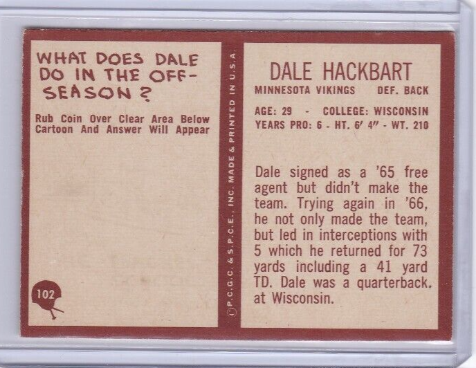 1967 PHILADELPHIA FOOTBALL #102 DALE HACKBART MINNESOTA Vikings IDBB | eBay