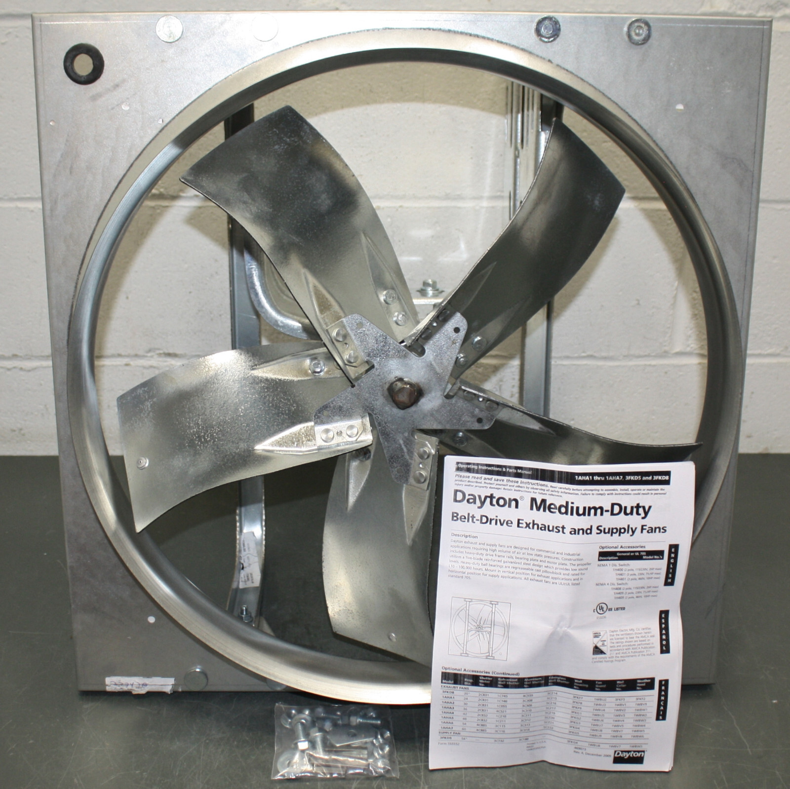 NO MOTOR - Dayton Exhaust Fan 3FKD8, 20" Steel Propeller, Belt Drive ...