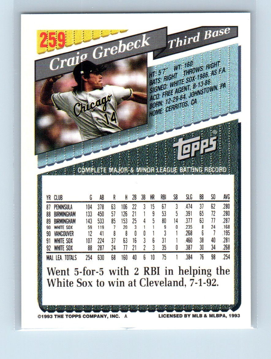 1993 Topps - #259 Craig Grebeck for sale online | eBay