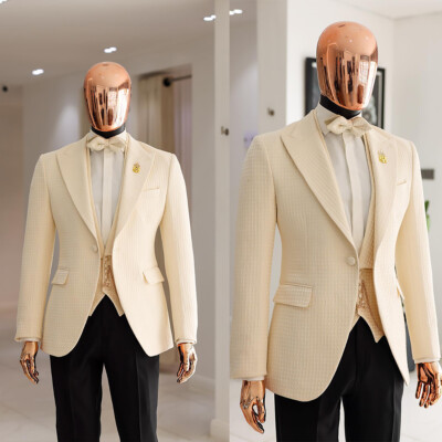 Waffle Pattern Suits for Men Jacket Vest Black Solid Pants for Wedding ...