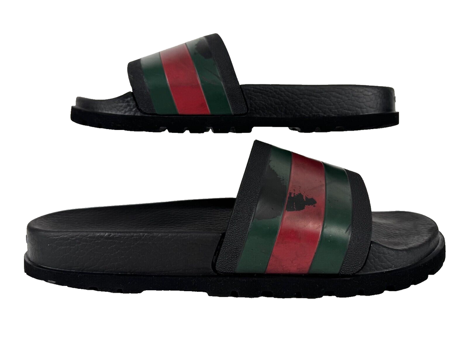 Gucci Auth Men 10.5 US 10 UK 44 EU Black Web Rubber Pool Slides Sandals ...