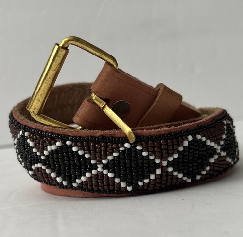 Western Leather Beaded Belt Pattern Handmade Geometric Brass Black ...