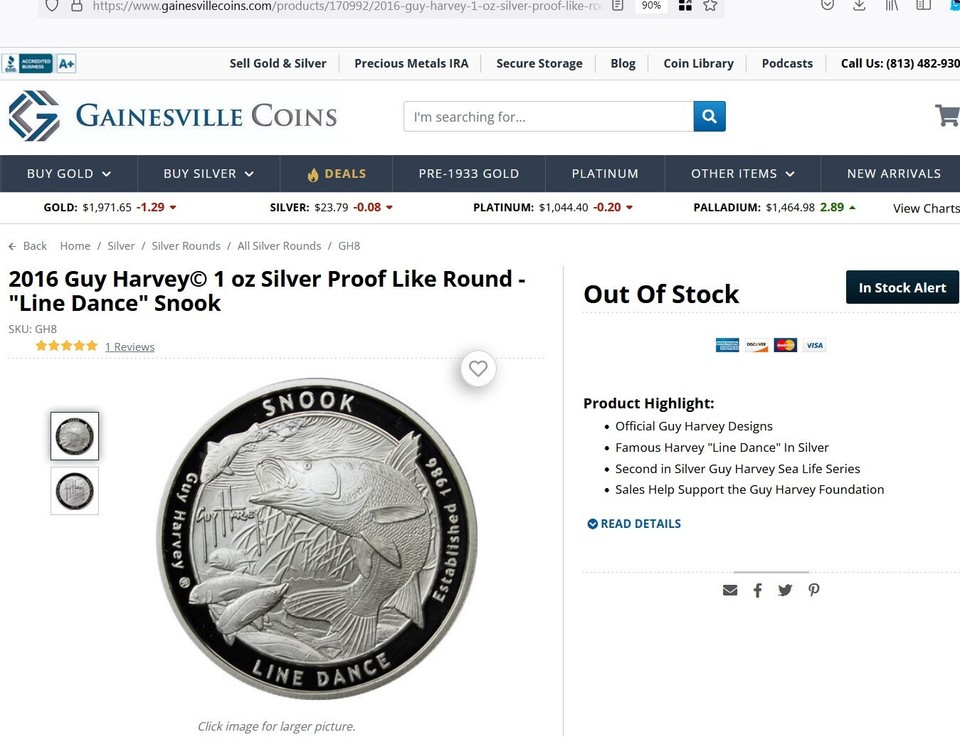 2016 Guy Harvey SNOOK LINE DANCE 1 oz 999 Fine Silver Art Bar Round ...