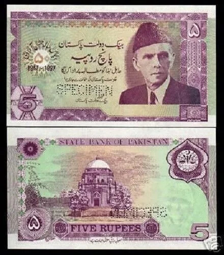 Pakistan 5 RS P-44 50th Golden Jubilee 1947-1997 SPECIMEN Commemorative ...