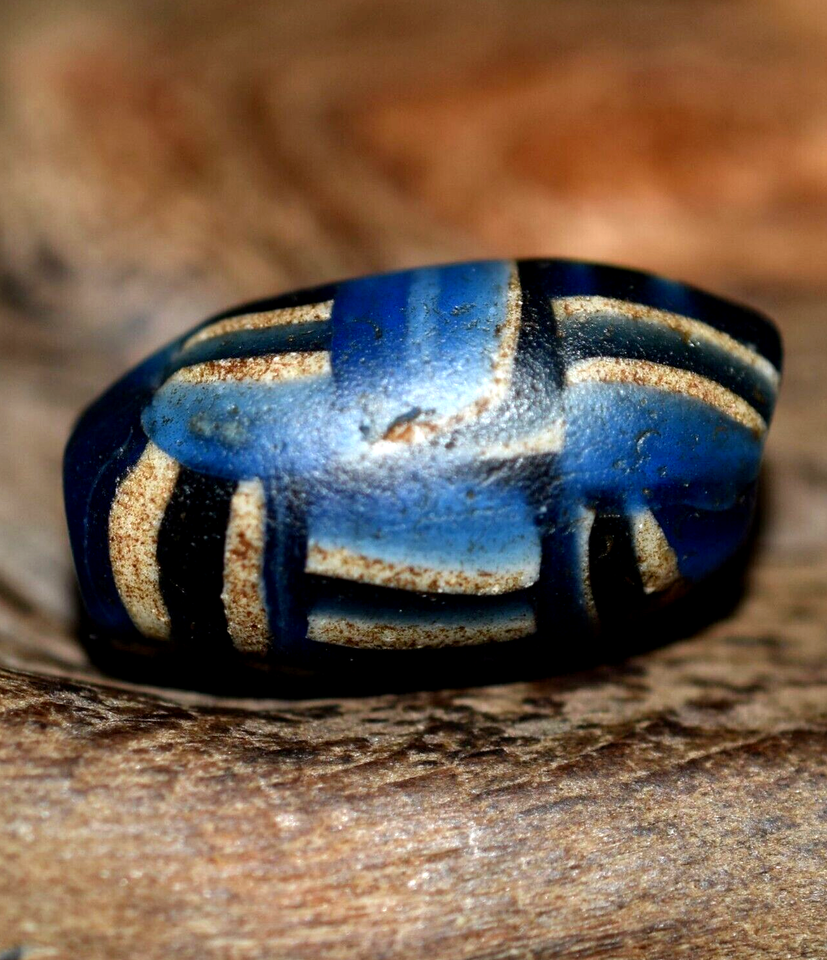 Ancient Islamic Excavated Blue & White Glass Ribbon Bead Mali, African ...