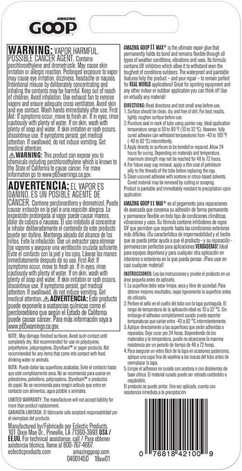 Amazing Goop II Max Goop 142100 2 Oz All Weather Adhesive Glue - Made ...