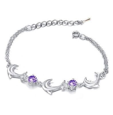 Womens Sterling Silver Bracelet Dolphin Link Purple Amethyst Crystal ...