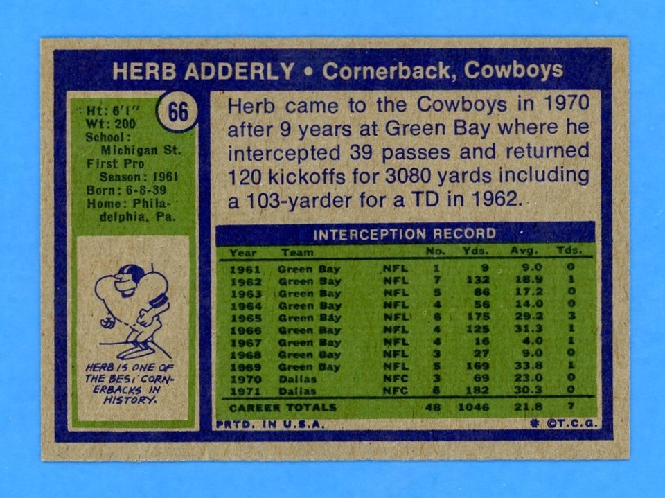 1972 TOPPS FOOTBALL HERB ADDERLY # 66 (HOF) (COWBOYS) (NM) | eBay