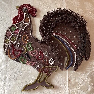 Vintage 18”x18” Folk Art Rooster Beadwork Nail Art Country Farmhouse ...